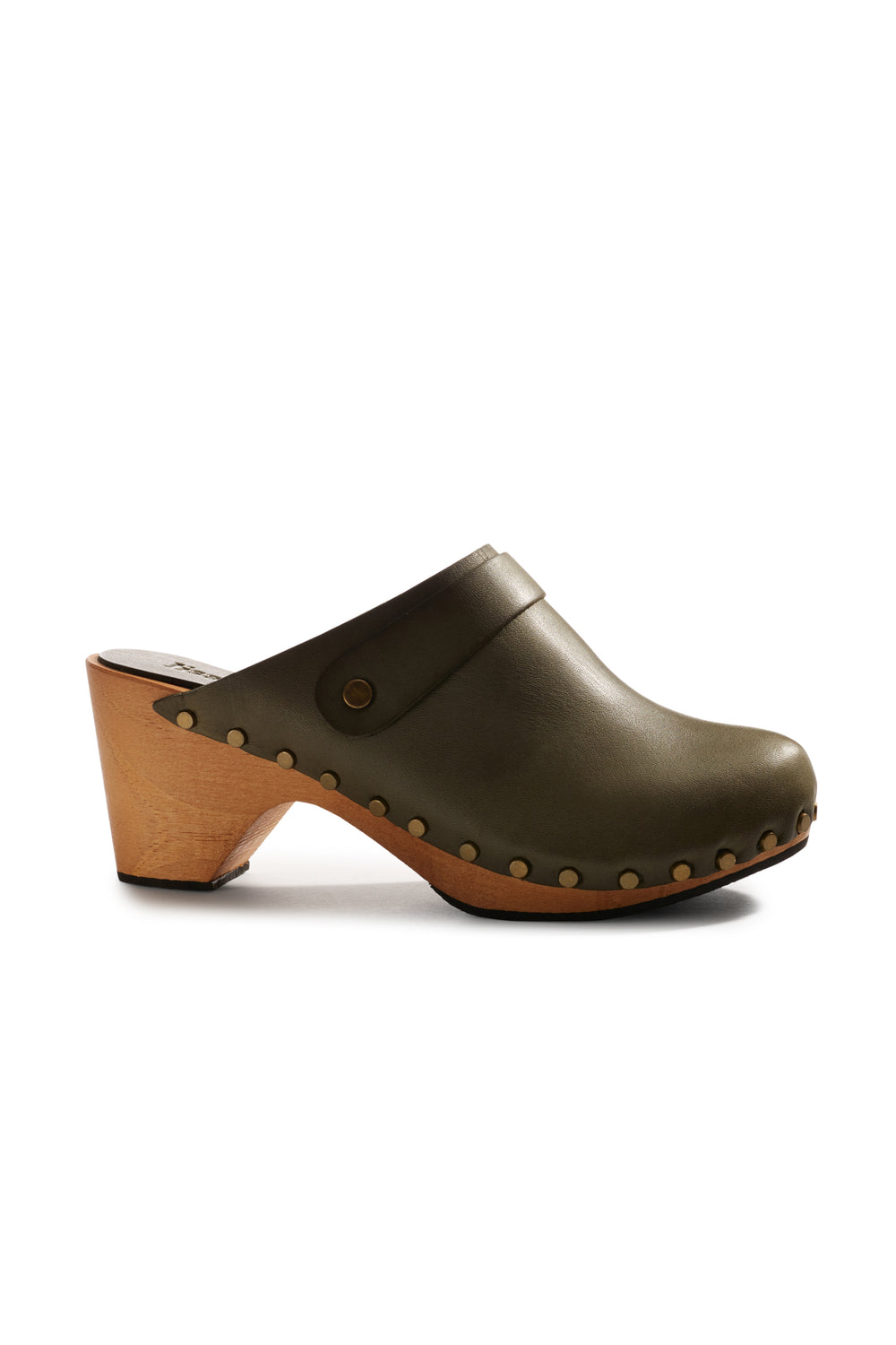 classic high heel clog in olive leather | lisa b.