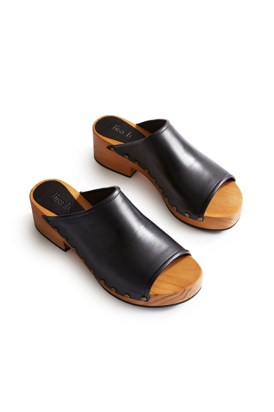 open toe slide clogs in black | lisa b.