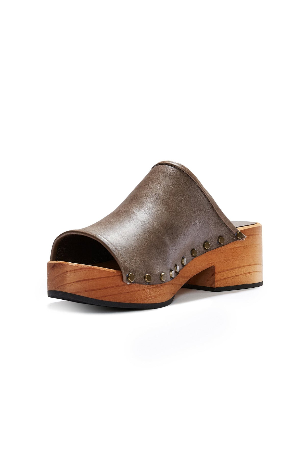 open toe slide clogs in dark taupe | lisa b.