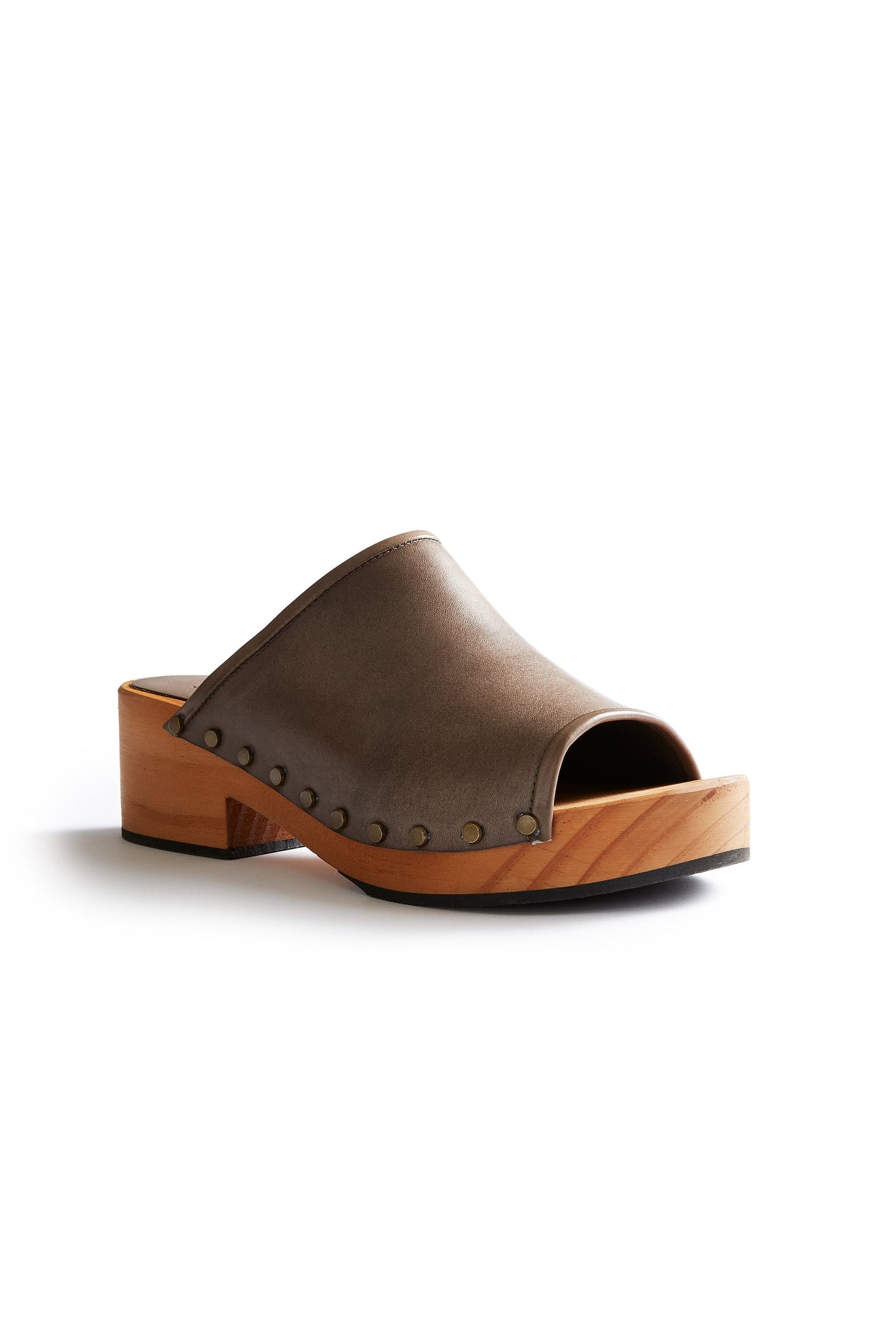 open toe slide clogs in dark taupe | lisa b.