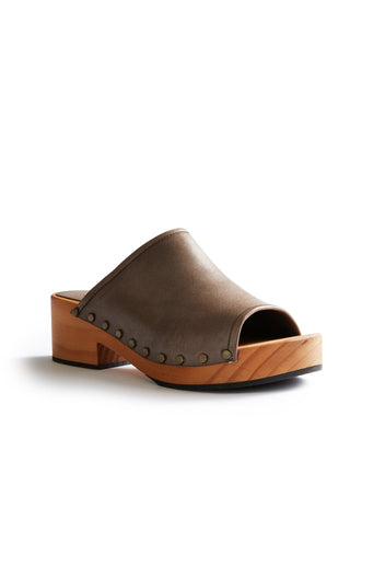 open toe slide clogs in dark taupe | lisa b.