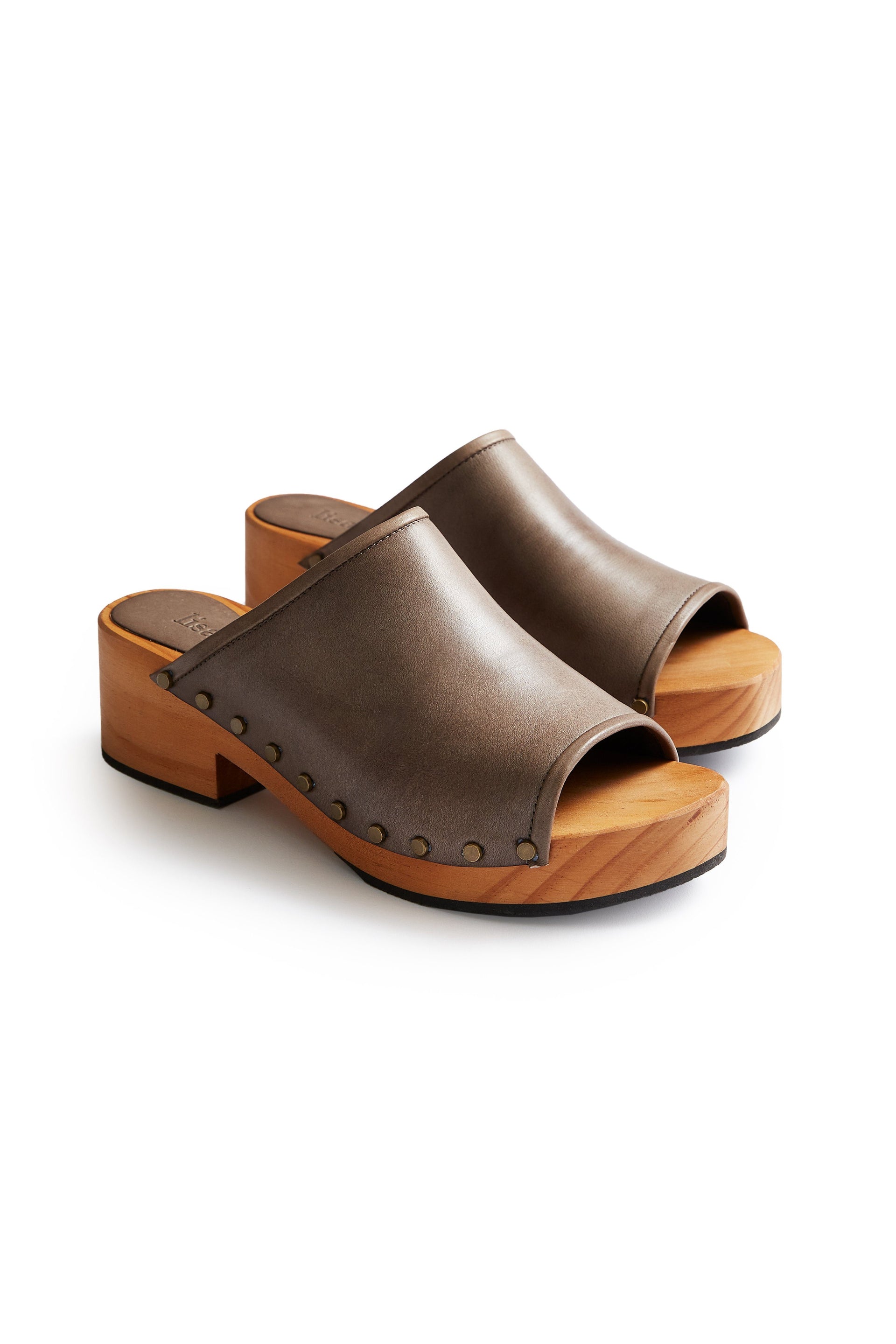 open toe slide clogs in dark taupe | lisa b.