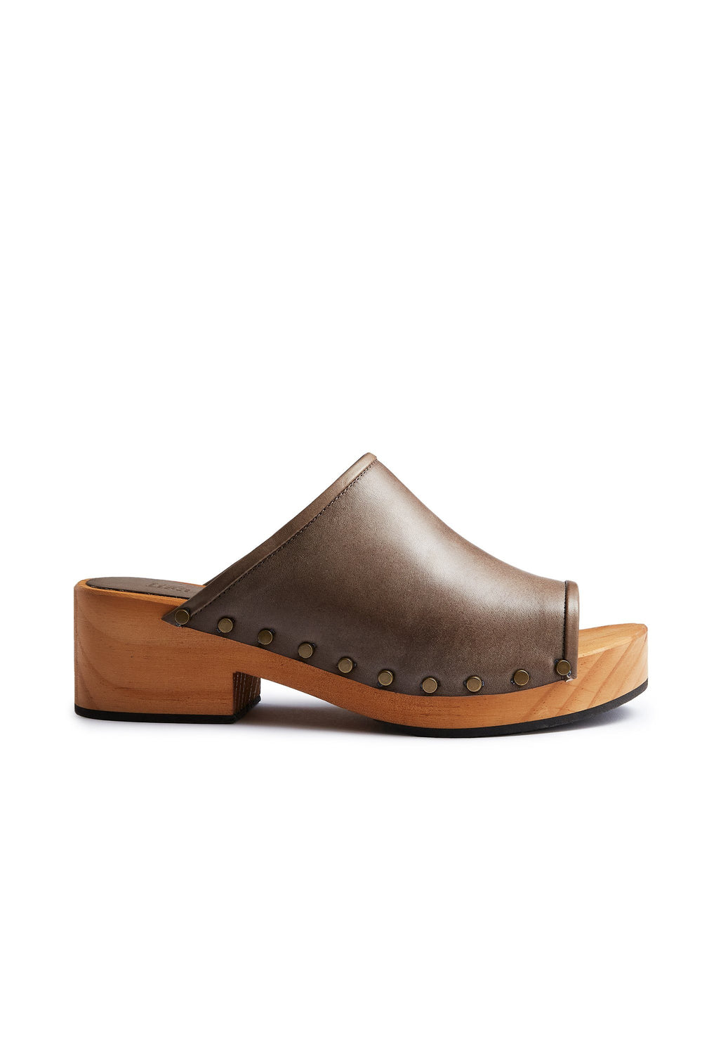 open toe slide clogs in dark taupe | lisa b.