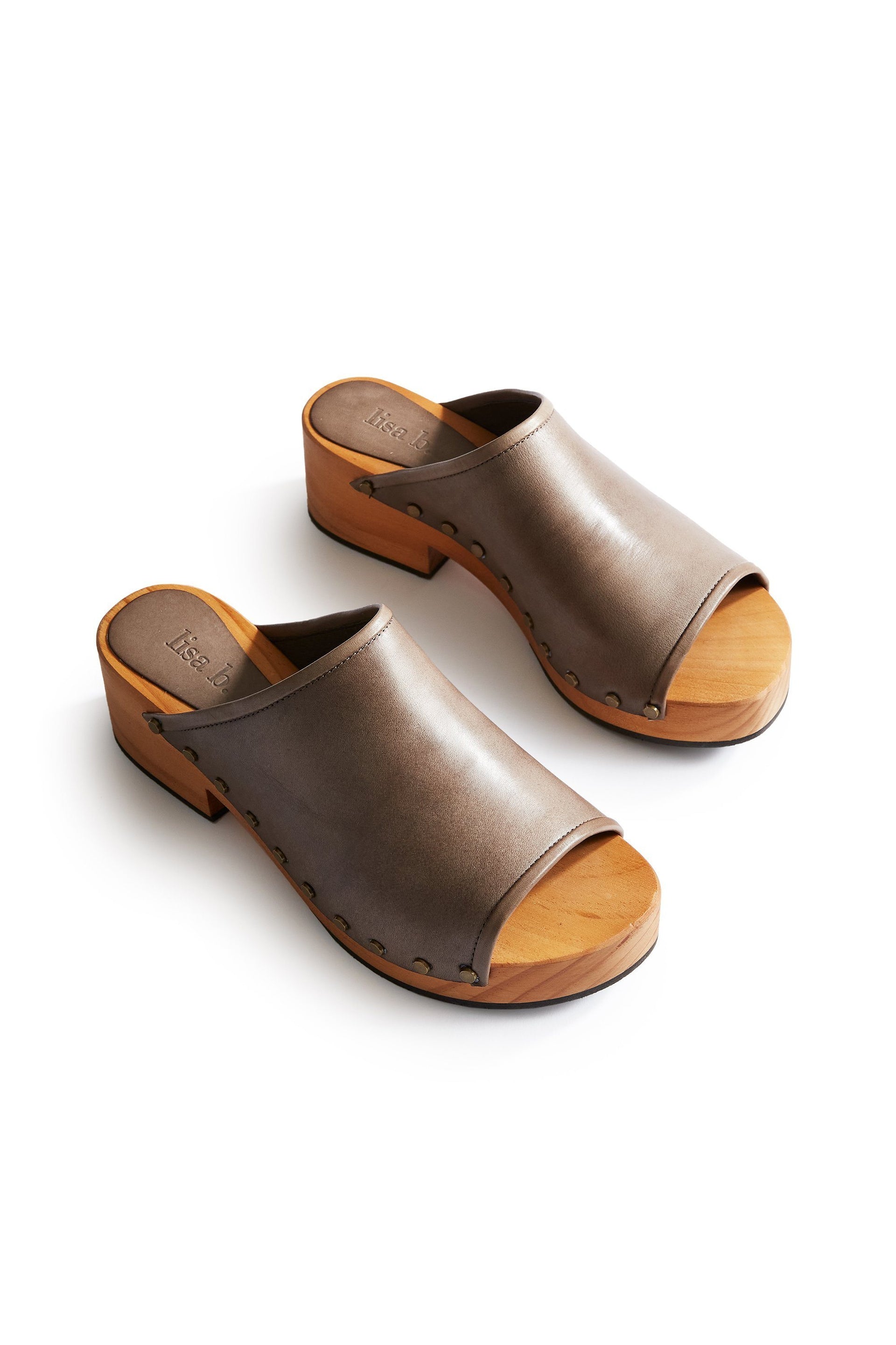 open toe slide clogs in dark taupe | lisa b.
