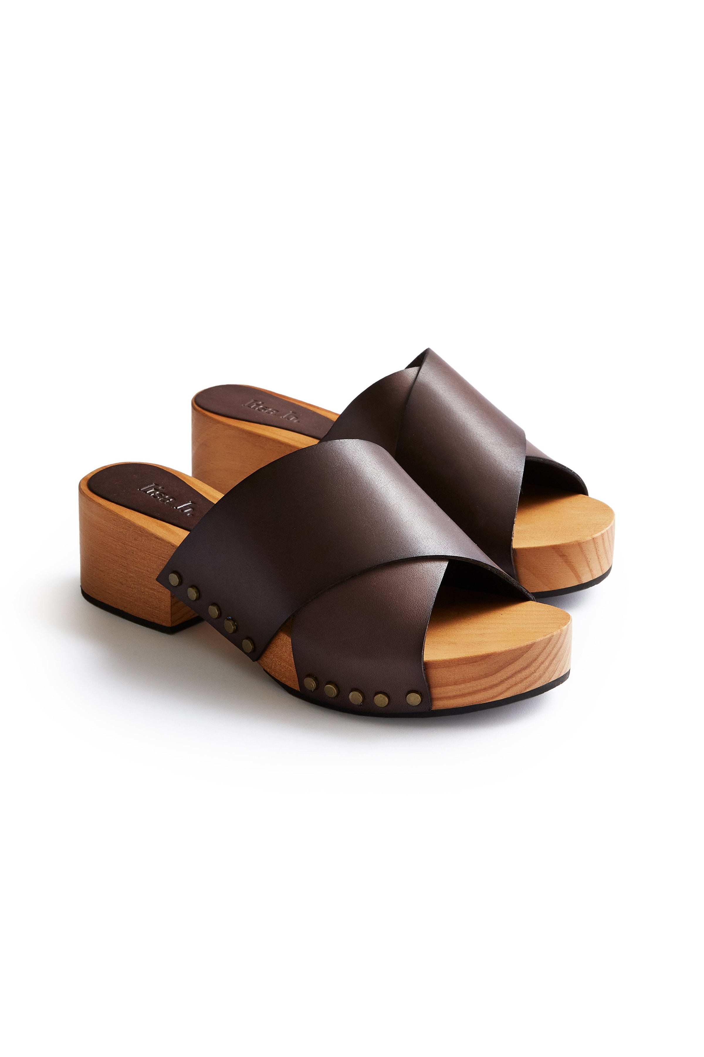 criss-cross leather slide clogs in dark brown | lisa b.