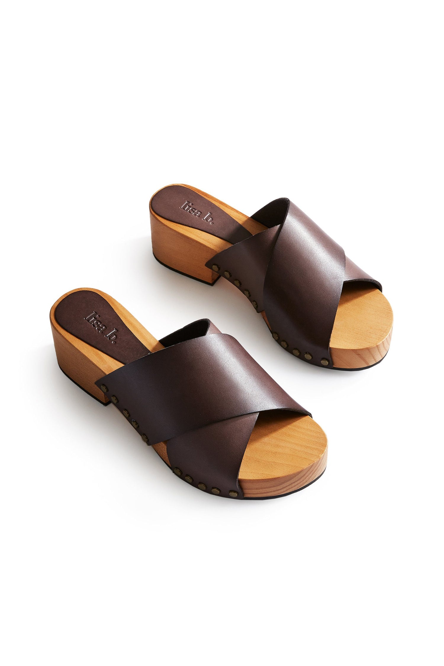 criss-cross leather slide clogs in dark brown | lisa b.