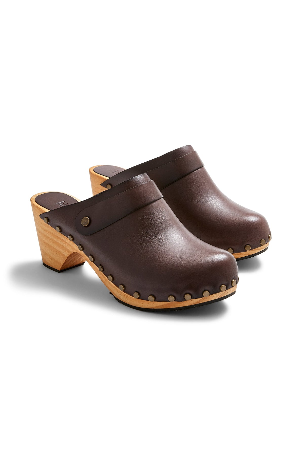 classic high heel clog in dark brown leather | lisa b.